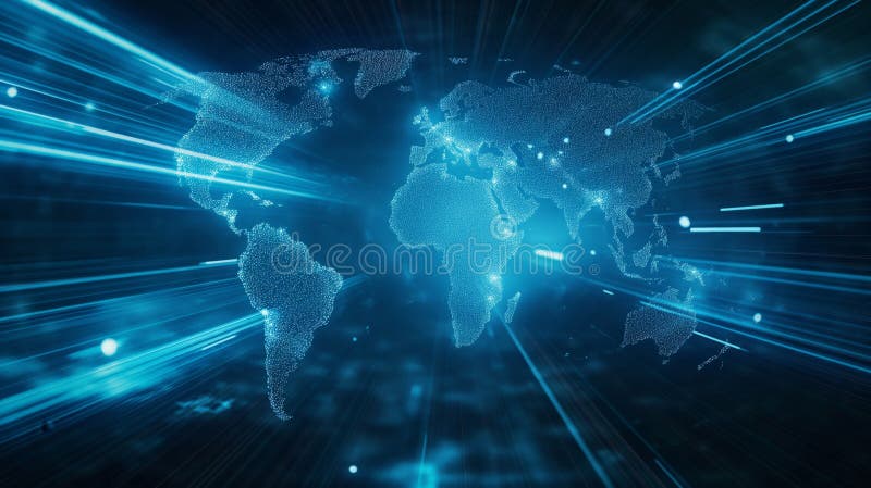 Digital World Map with Blue Light Beams Stock Photo - Image of ...