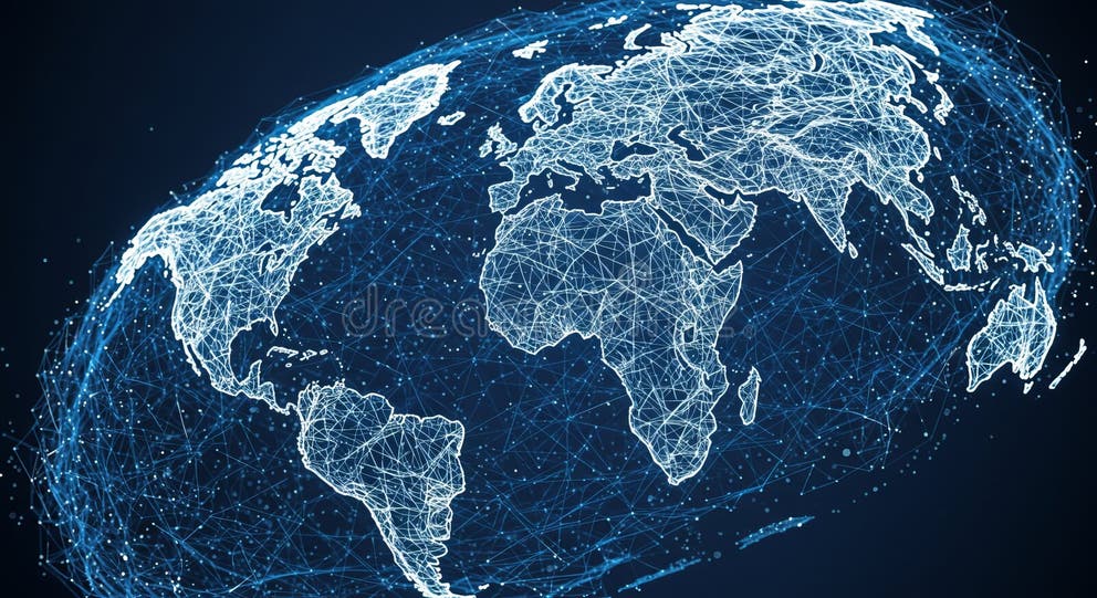 Digital World Map: Connected Network of Global Data Visualization on Dark Blue Background Stock ...