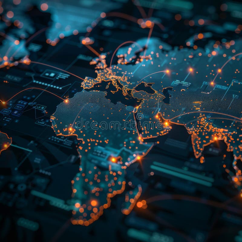 Digital World Map with Connected Nodes and Lines Stock Illustration ...