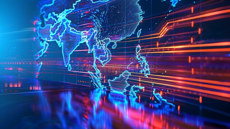 A Digital World Map with Continents Highlighted by Glowing Lines ...