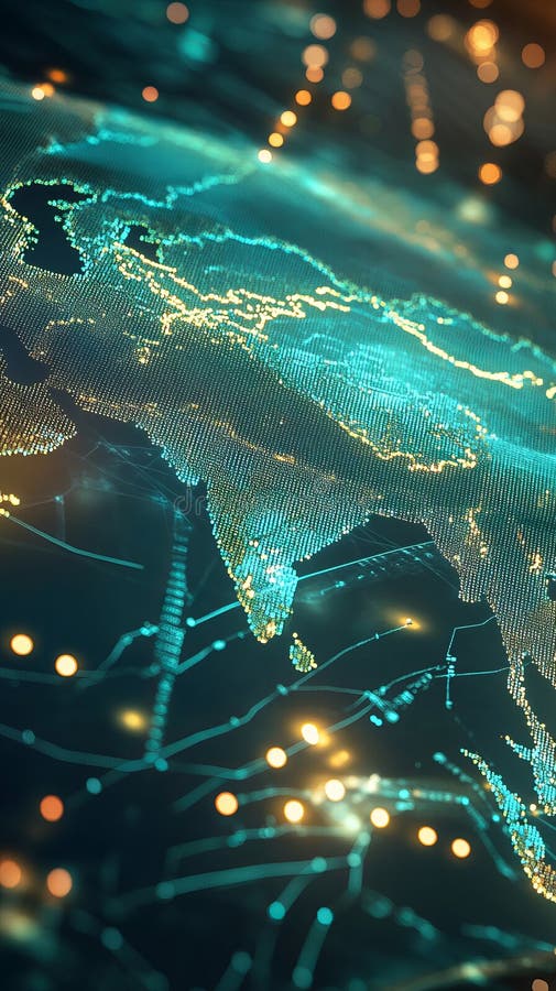 Digital World Map with Cyber Connections and Neon Data Networks ...