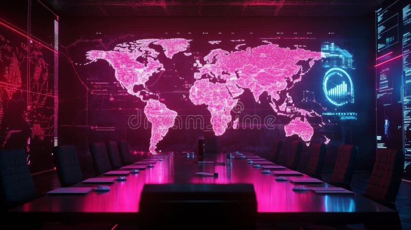 Digital World Map with Cyber Threats in High-Tech Boardroom Setting ...