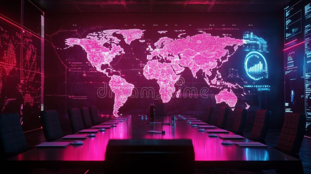 Digital World Map with Cyber Threats in High-Tech Boardroom Setting ...