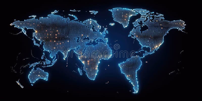 Digital World Map on a Dark Background with Sparkling Light Points ...