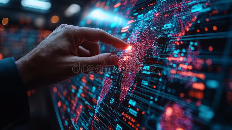 Digital World Map Data Analysis Technology Hand Red Blue Dark Touch ...