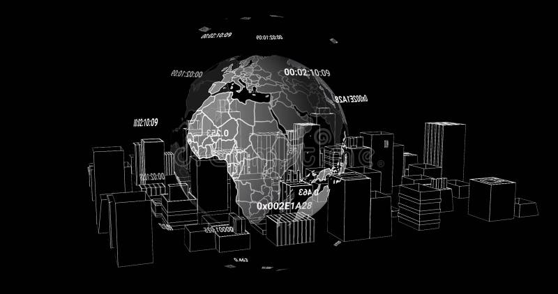 Digital World Map and Data Codes Animation Over Wireframe Cityscape ...