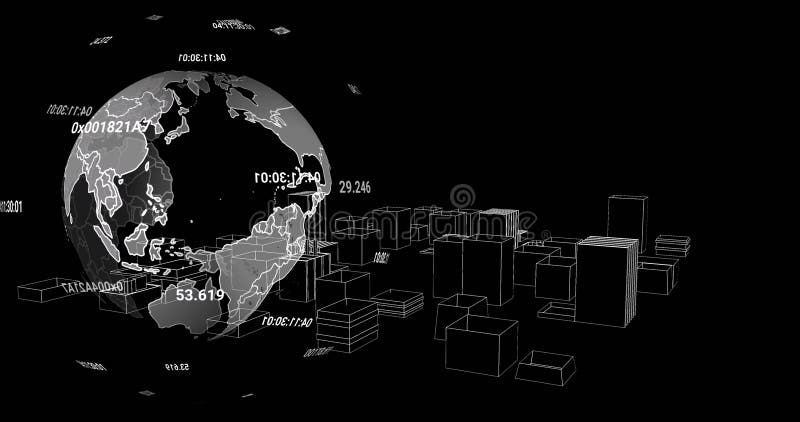 Digital World Map and Data Codes Image Over Wireframe Cityscape Stock ...