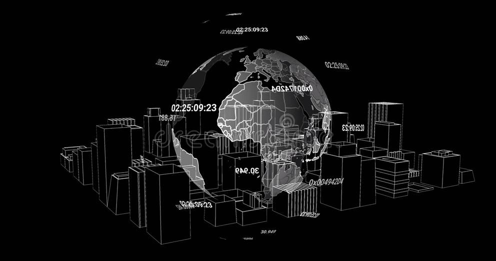 Digital World Map and Data Codes Image Over Wireframe Cityscape Stock ...