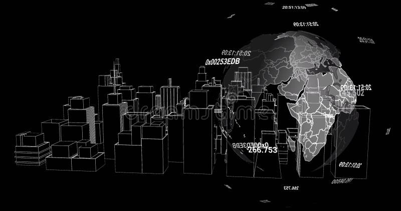 Digital World Map and Data Codes Image Over Wireframe Cityscape Stock Image - Image of city ...
