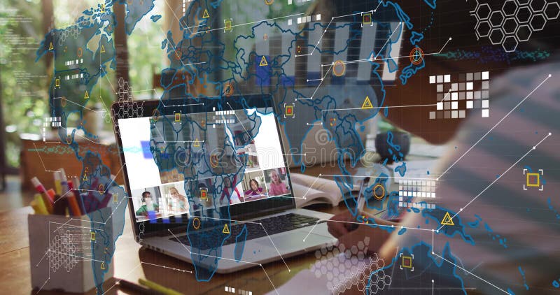 Digital World Map and Data Processing Animation Over People in Virtual ...