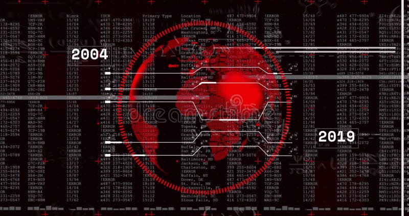 Digital World Map with Data Processing Animation Over Red and Black ...