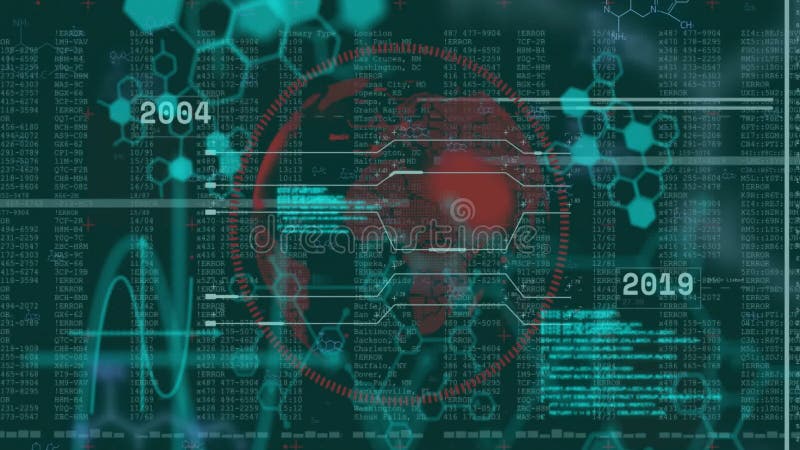 Digital World Map and Data Processing Animation Over Scientific Data and Hexagonal Patterns ...