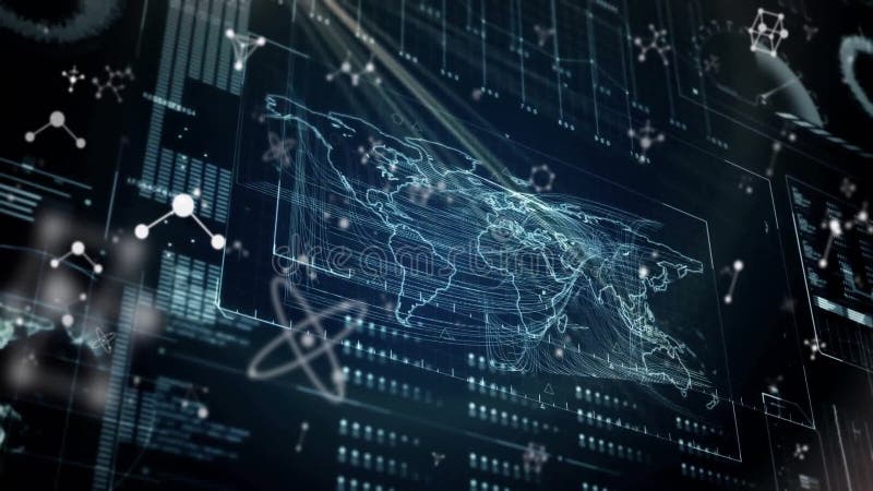 Digital World Map with Data Processing and Atomic Symbols Animation ...