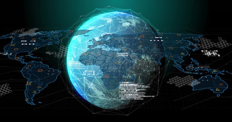 Digital World Map and Data Visualization Image Over Rotating Globe ...