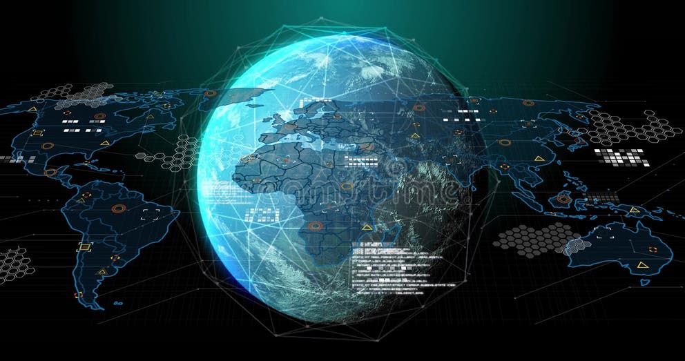 Digital World Map and Data Visualization Image Over Rotating Globe ...