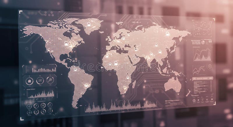 A Digital World Map Display Featuring Various Data Visualizations and Infographics, Stock ...