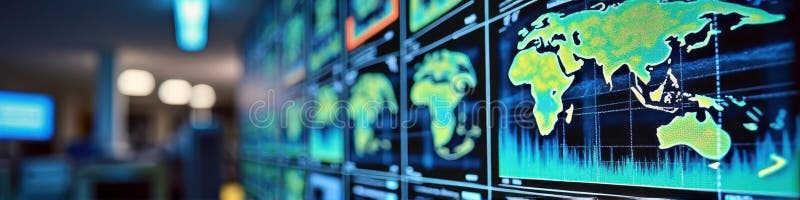 Digital World Map Display on Futuristic Data Screens in a Modern ...