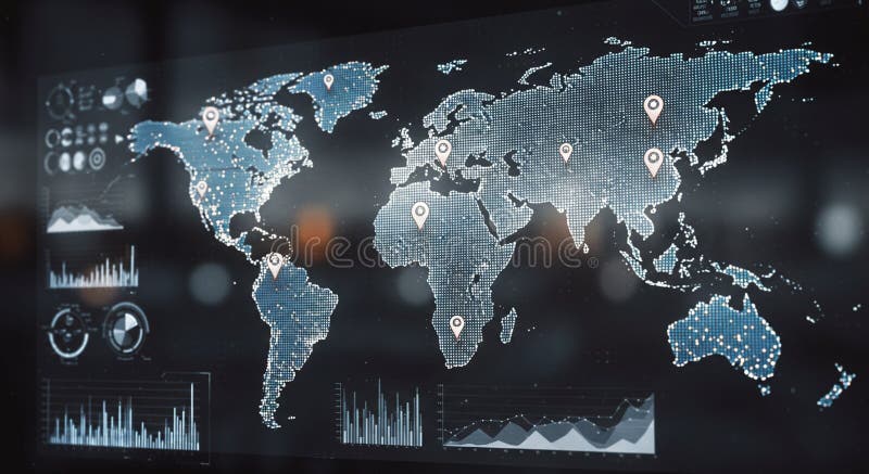 Digital World Map Displaying Data Points and Geographic Markers, Likely ...