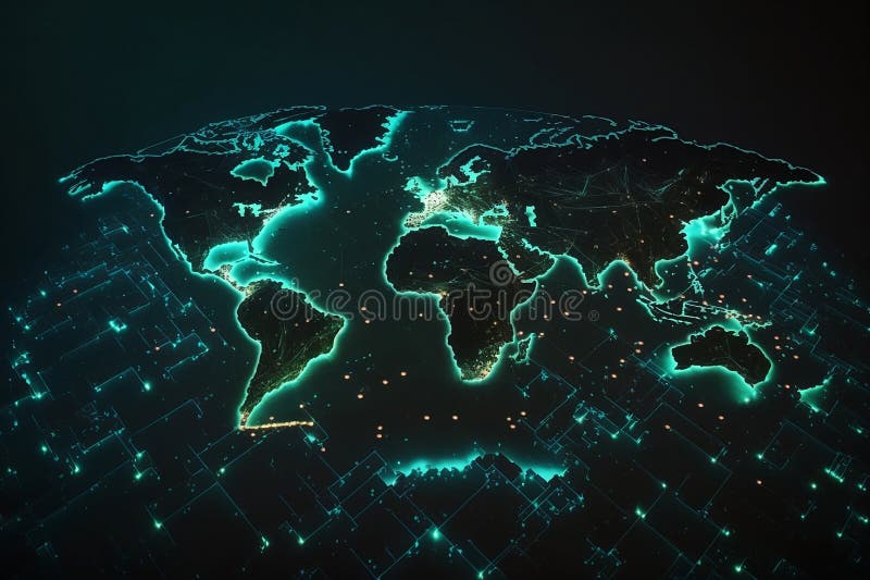 Digital World Map with Electronic Data Travel Stock Illustration ...