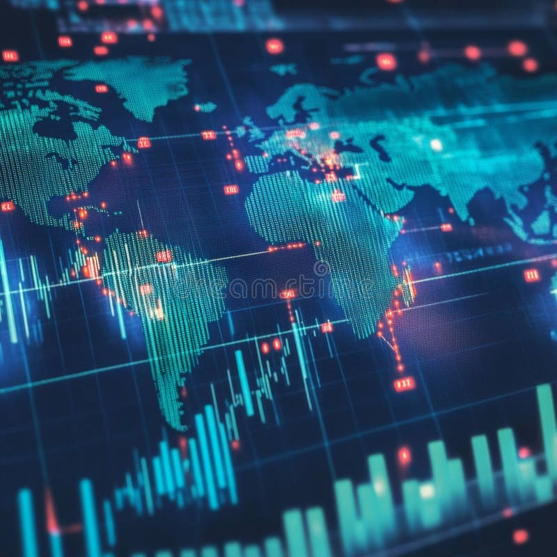 Digital World Map with Financial Data Analytics and Trading Charts in a ...
