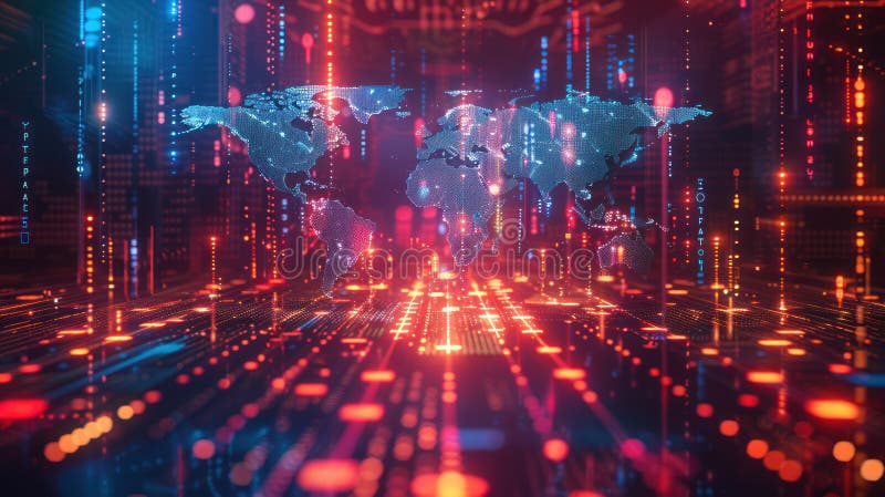 Digital World Map with Futuristic Vertical Lines Stock Illustration ...