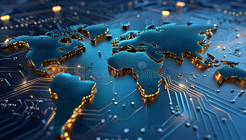 Digital World Map with Glowing Circuits, Blue and Gold, Technology ...