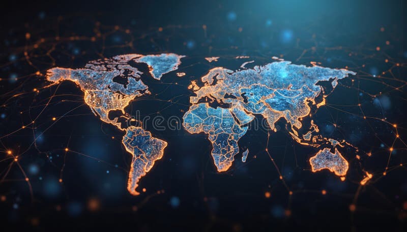 Digital World Map with Glowing Connections, Global Communication, Technology. Data Visualization ...