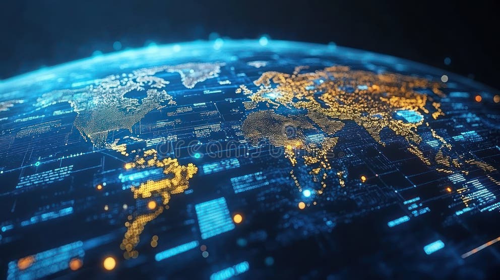 Digital World Map with Glowing Continents and Data Stock Illustration ...