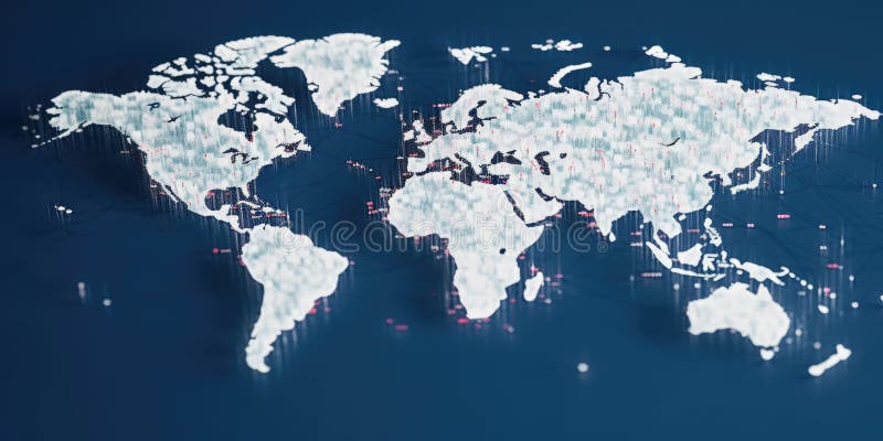 Digital World Map with Glowing Cyber Data Points on Dark Background ...