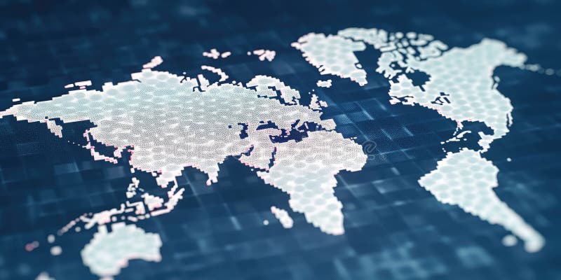 Digital World Map with Glowing Cyber Data Points on Dark Background ...