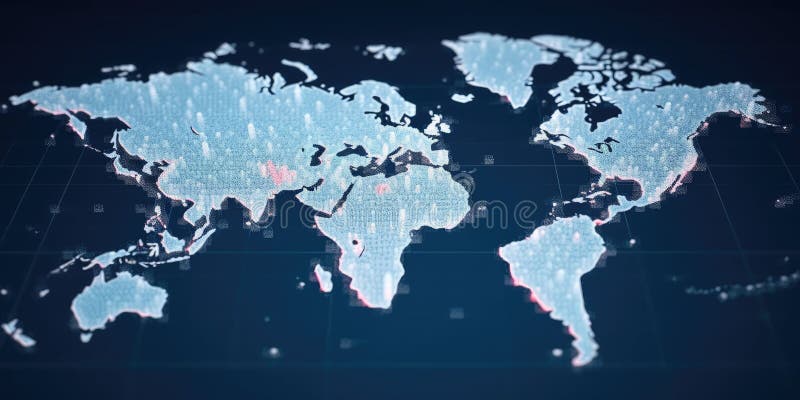 Digital World Map with Glowing Cyber Data Points on Dark Background ...
