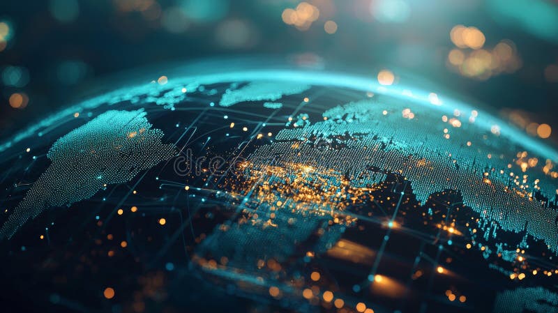 Digital World Map with Glowing Data Points and Network Lines Stock ...