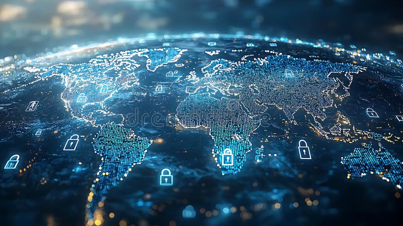 Digital World Map with Glowing Data Points and Security Locks ...