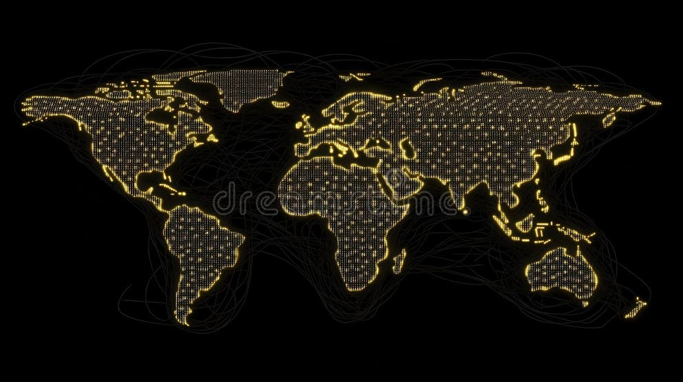 Digital World Map Glowing Data Visualization on Black Background ...