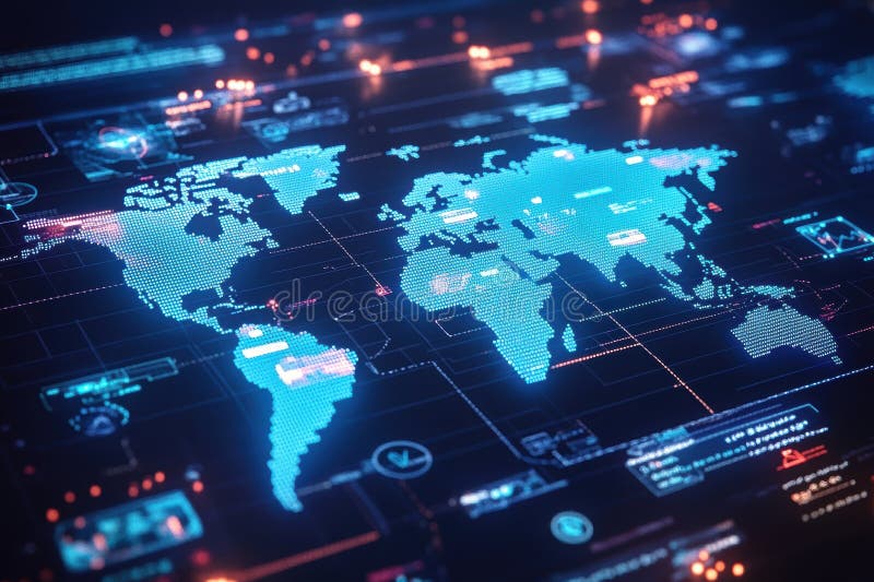 A Digital World Map with Glowing Elements Representing Data Connections ...
