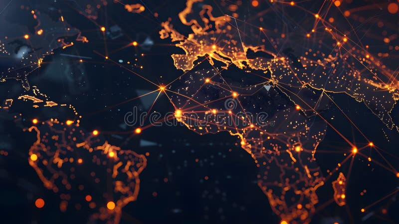 Digital World Map with Glowing Global Connections in Orange Stock ...