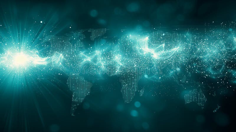 A Digital World Map with Glowing Light Points and Rays, Representing ...