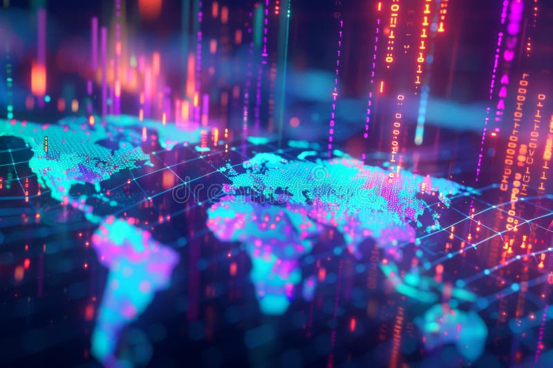 Digital World Map Glowing Lines, Global Stock Market, Global Digital ...
