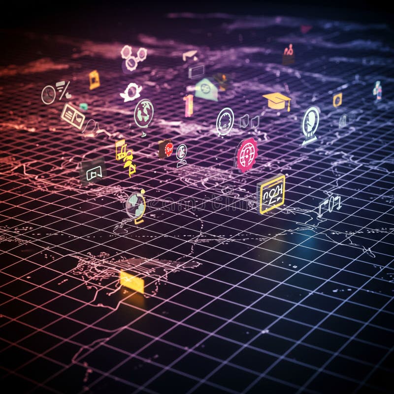 A Digital World Map with Glowing, Multicolored Icons Hovering Above a ...