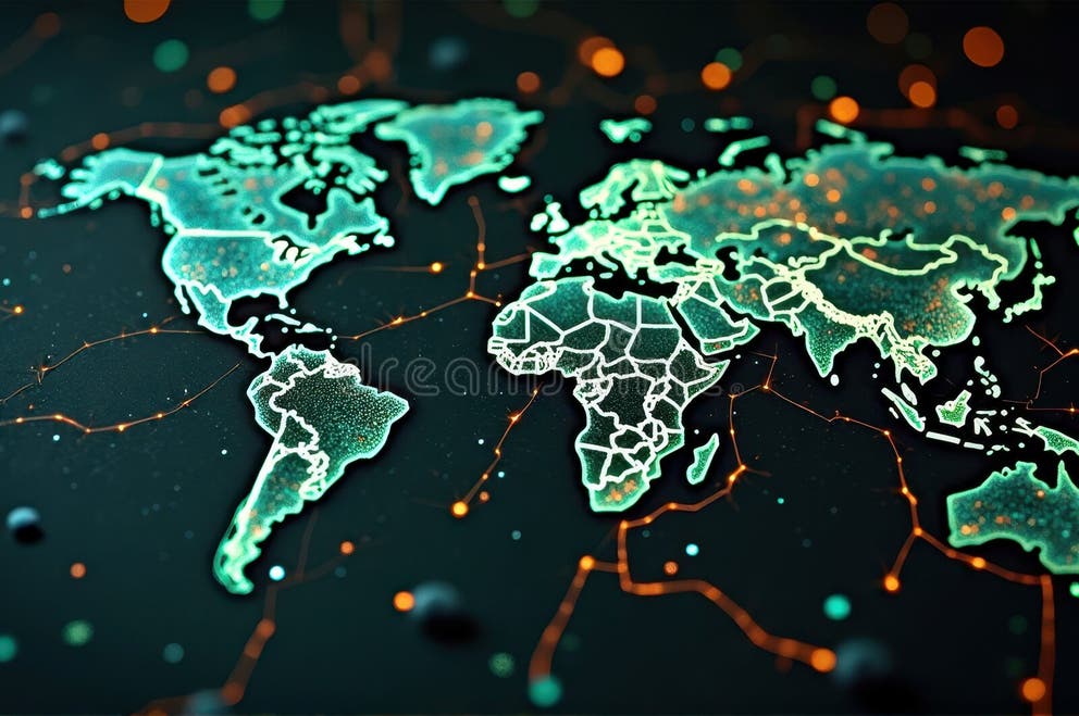 Digital World Map with Glowing Neon Borders and Network Connections ...