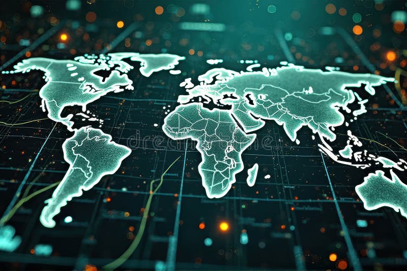 Digital World Map with Glowing Network Connections on a Grid Background ...