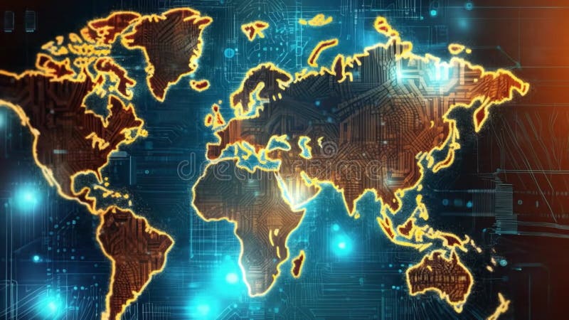 Digital World Map with Glowing Orange Outlines on a Blue Circuit Board ...