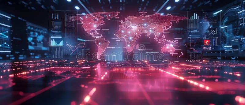 A Digital World Map Glowing with Red Connections on a Blue Background ...