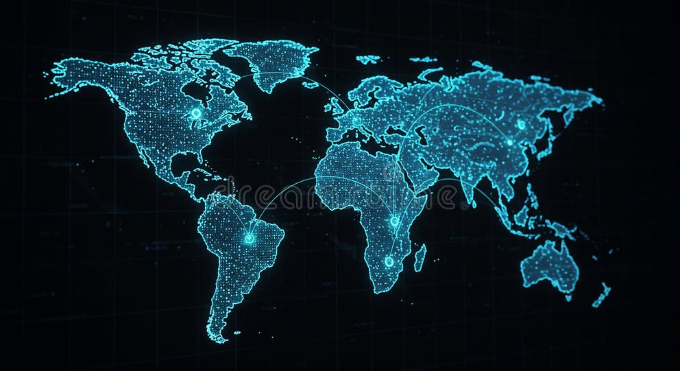 Digital World Map with a Grid Pattern, Highlighting Continents in a ...