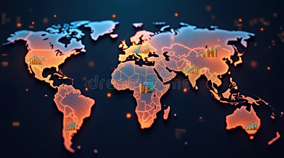 Digital World Map with Growing Graphs on Different Continents ...