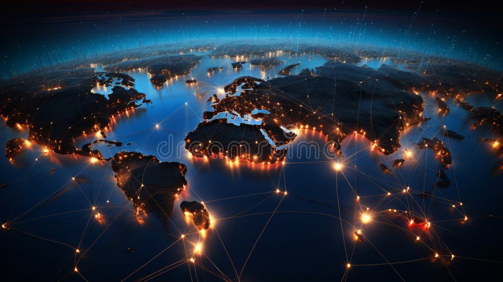 Digital World Map with Highlighted Cities. Neural Network AI Generated ...