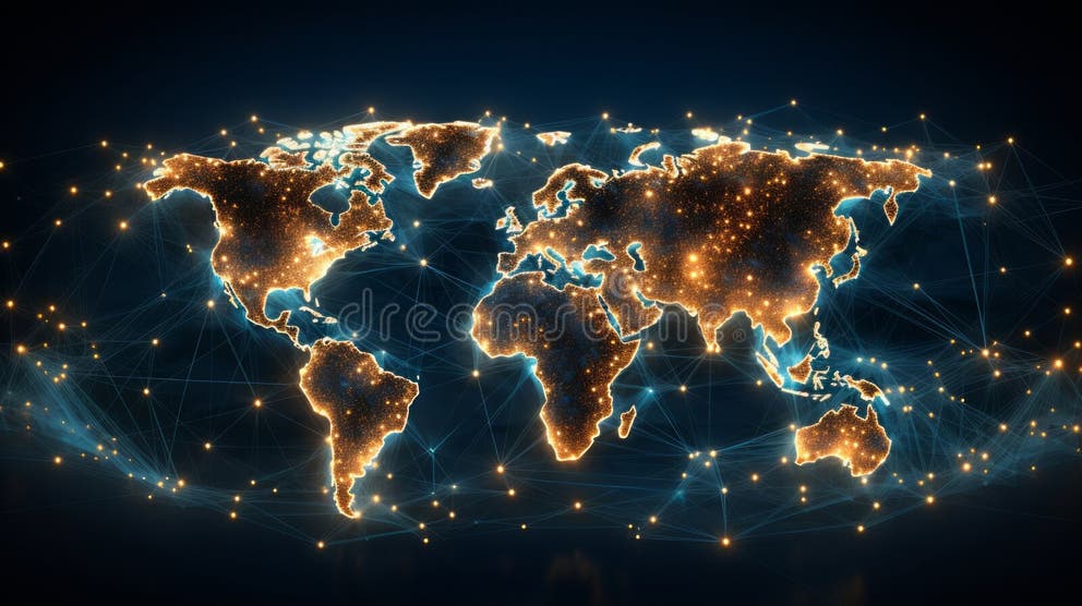 Digital World Map with Highlighted Cities. Neural Network AI Generated ...