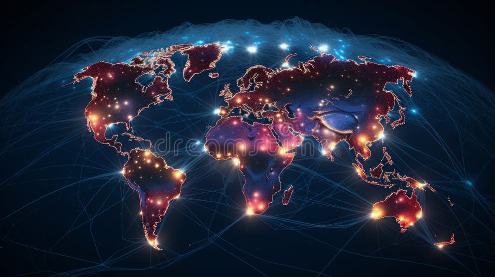 Digital World Map with Highlighted Cities. Neural Network AI Generated ...
