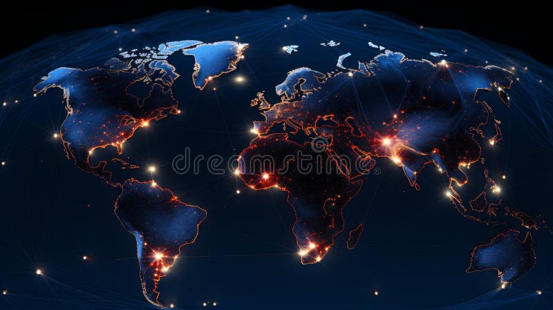 Digital World Map with Highlighted Cities. Neural Network AI Generated ...