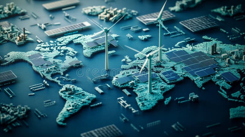 A Digital World Map Highlighting Renewable Energy Sources Such As Wind ...